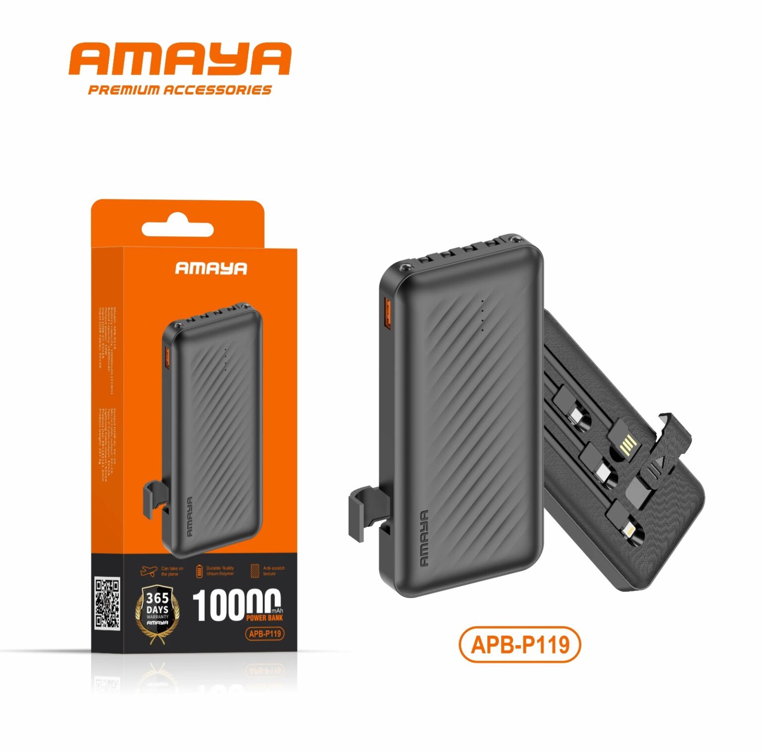 Amaya APB‑P119 Power Bank 10,000mAh with Built‑in Cables - CM Shop